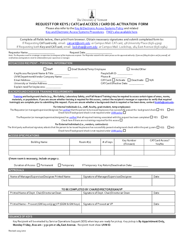 Fillable Online Request for keys/ CATCard access / card de-activation ...