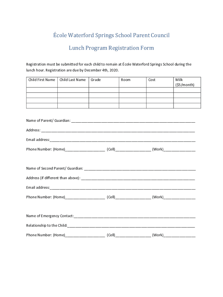 Fillable Online cole Waterford Springs Parent Council Registration Form ...