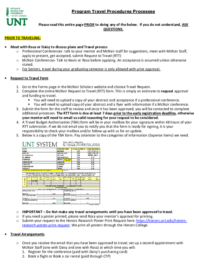 Fillable Online honors unt Program Travel Procedures Processes Please ...