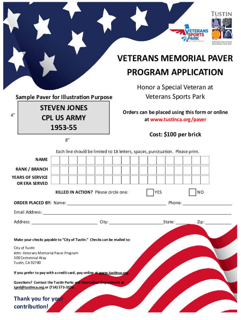 Fillable Online VETERANS MEMORIAL PAVER PROGRAM APPLICATION Fax Email Print - pdfFiller