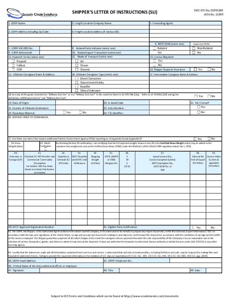 Fillable Online SHIPPER S LETTER OF INSTRUCTIONS Fax Email Print