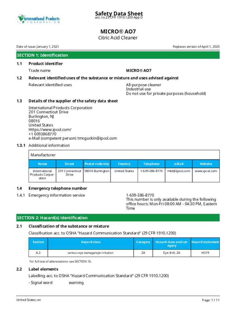 Fillable Online Safety Data Sheet: MICRO AO7 Fax Email Print - pdfFiller