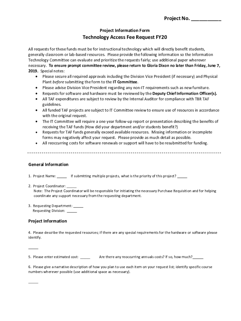 Fillable Online TAF Project Information Form. Technology Access Fee Fax ...