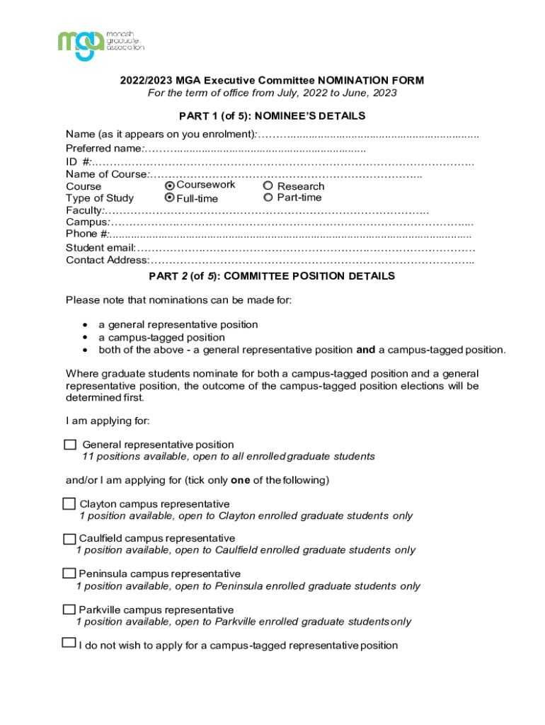 Fillable Online 2022/2023 MGA Executive Committee NOMINATION FORM For ...