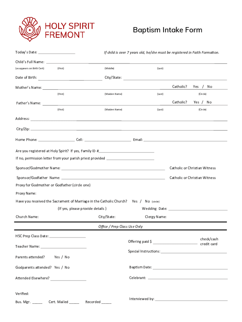 Fillable Online Baptism Intake Form Fax Email Print - pdfFiller