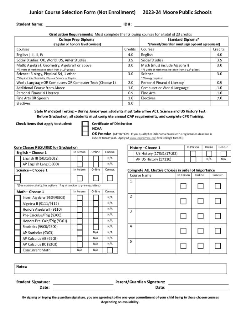Fillable Online Junior Course Selection Form (Not Enrollment) 2023-24 ...