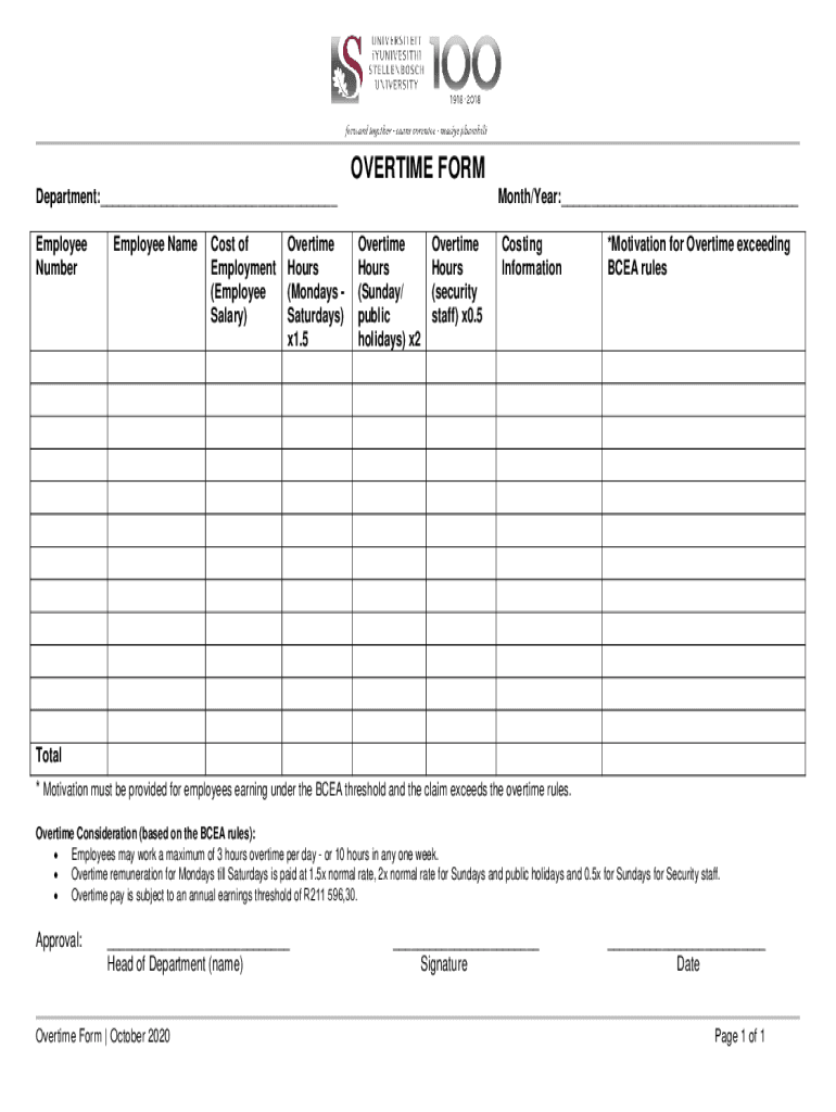 Fillable Online OVERTIME FORM Fax Email Print - pdfFiller