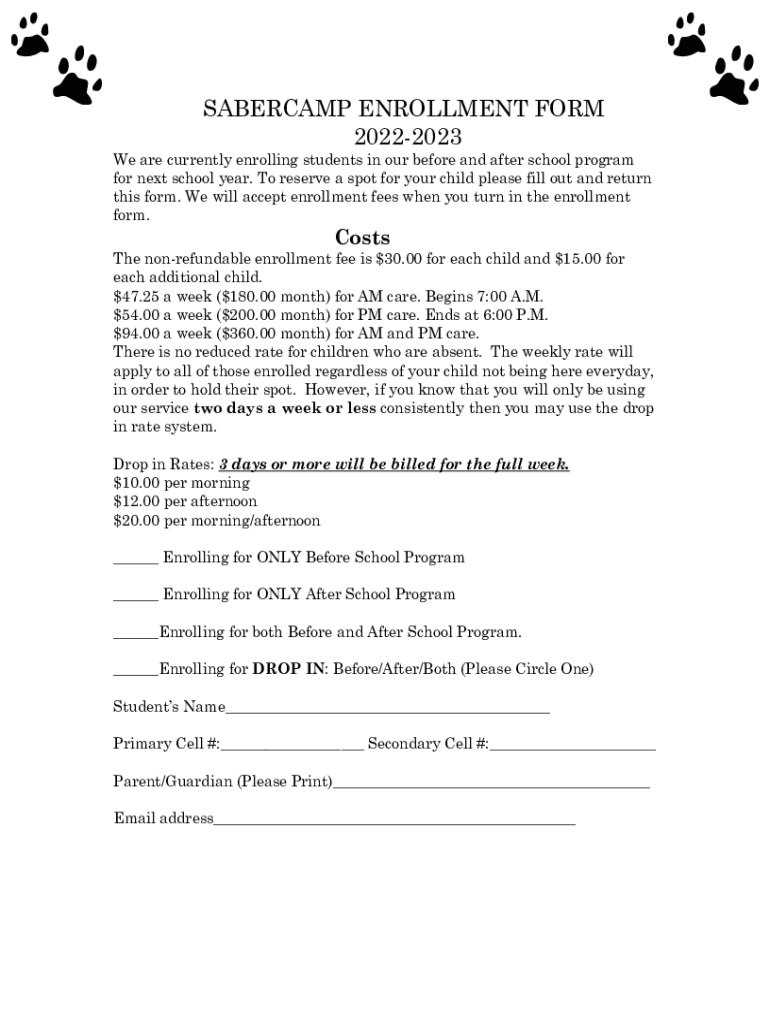 Fillable Online CAMP BOBCAT ENROLLMENT FORM Fax Email Print - pdfFiller
