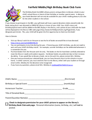Fillable Online Fairfield Middle/High Birthday Book Club Form Fax Email ...