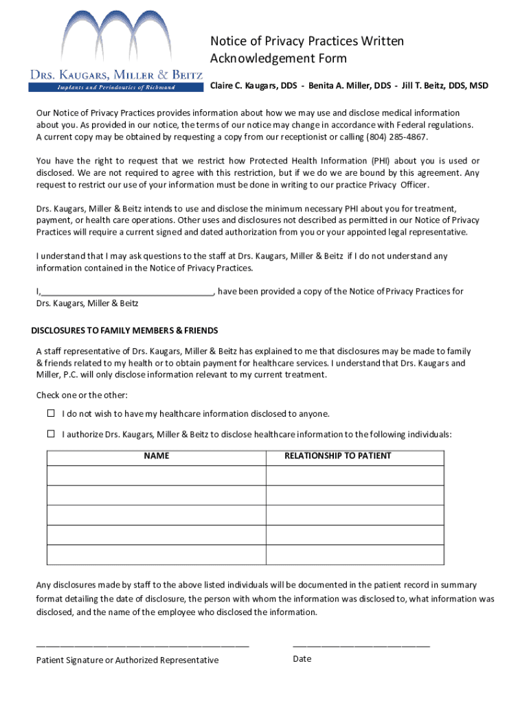 Fillable Online Notice of Privacy Practices Written Acknowledgement Form Fax Email Print - pdfFiller