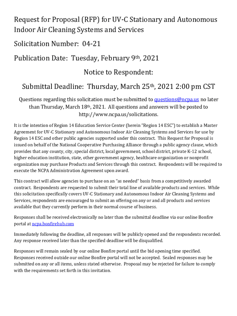 Fillable Online Texas Request for Proposal (RFP) for UV-C Stationary ...