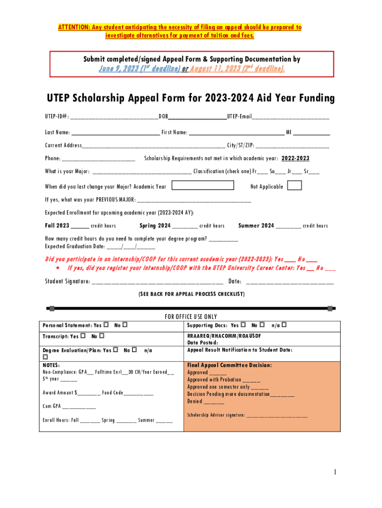 Fillable Online UTEP Scholarship Appeal Form for 2023-2024 Aid Year ... Fax Email Print - pdfFiller