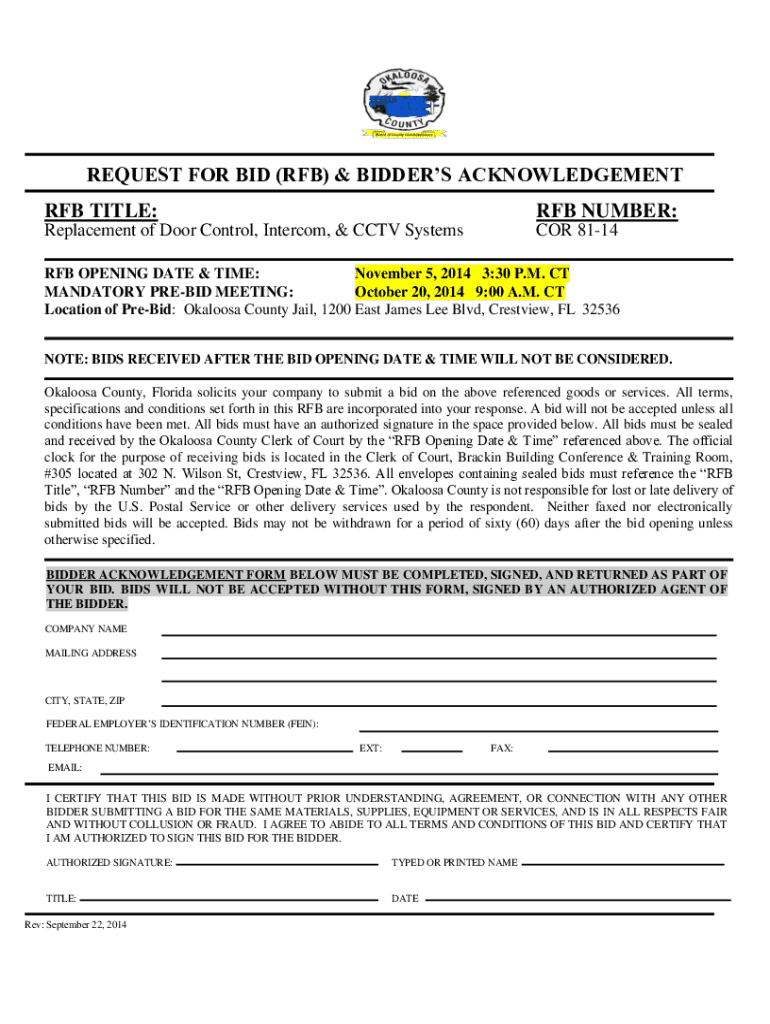 Fillable Online REQUEST FOR BID (RFB) & BIDDER'S ACKNOWLEDGEMENT ...