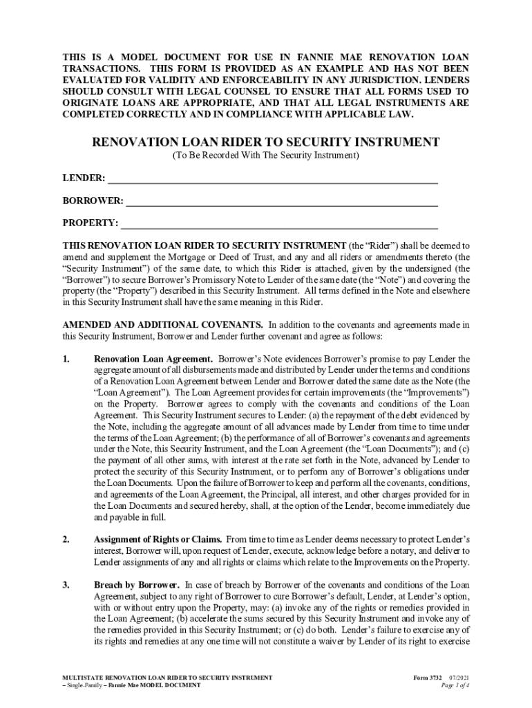 Fillable Online RENOVATION LOAN RIDER TO SECURITY INSTRUMENT Fax Email ...