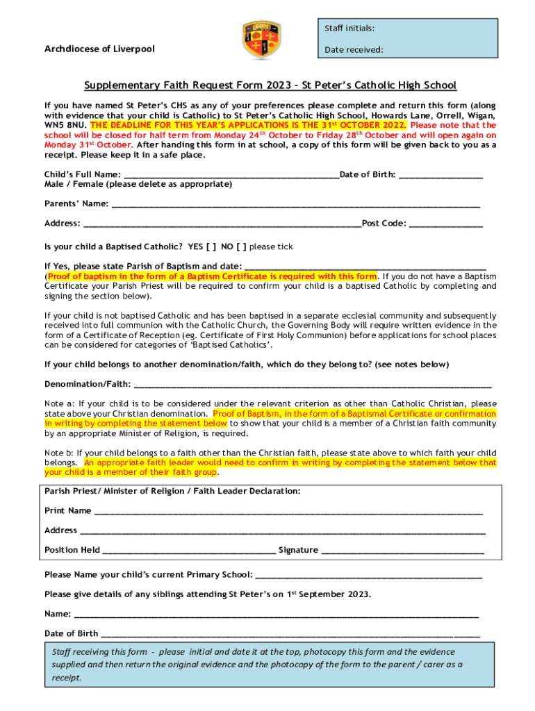 Fillable Online Saint Peter the Apostle Catholic School - Savannah GA ...