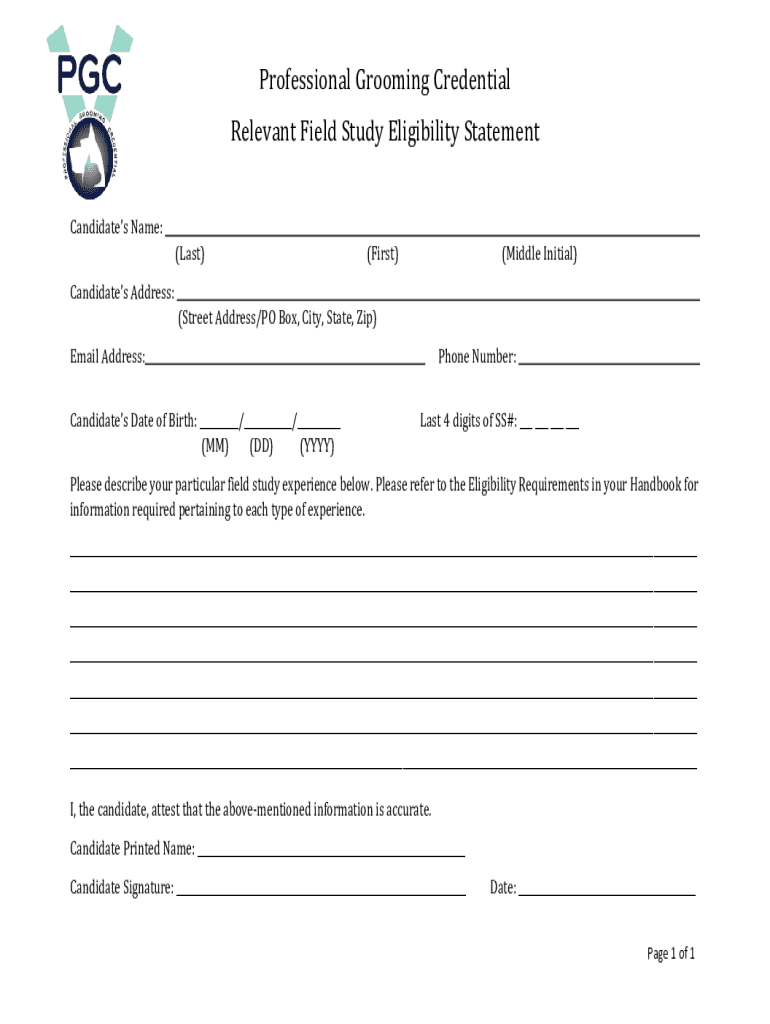 Fillable Online Relevant Field Study Eligibility Statement Fax Email Print - pdfFiller