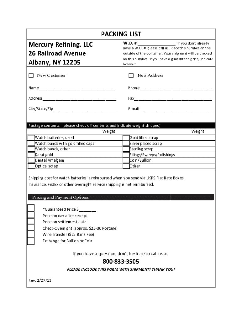 Fillable Online PACKING LIST Mercury Refining, LLC 26 Railroad Avenue ...