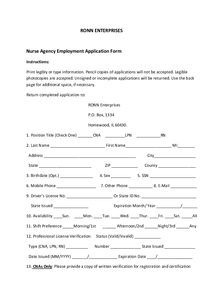 Fillable Online RONN ENTERPRISES Nurse Agency Employment Application ...