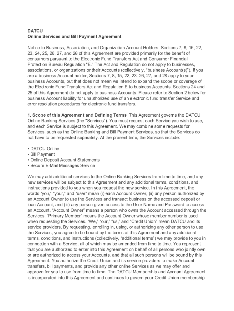 Fillable Online DATCU Online Services and Bill Payment Agreement ...