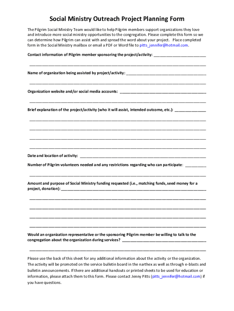 Fillable Online Social Ministry Outreach Project Planning Form Fax ...