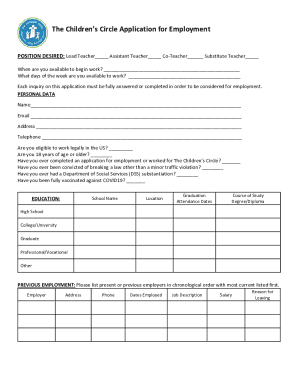 Fillable Online The Children's Circle Application for Employment Fax ...