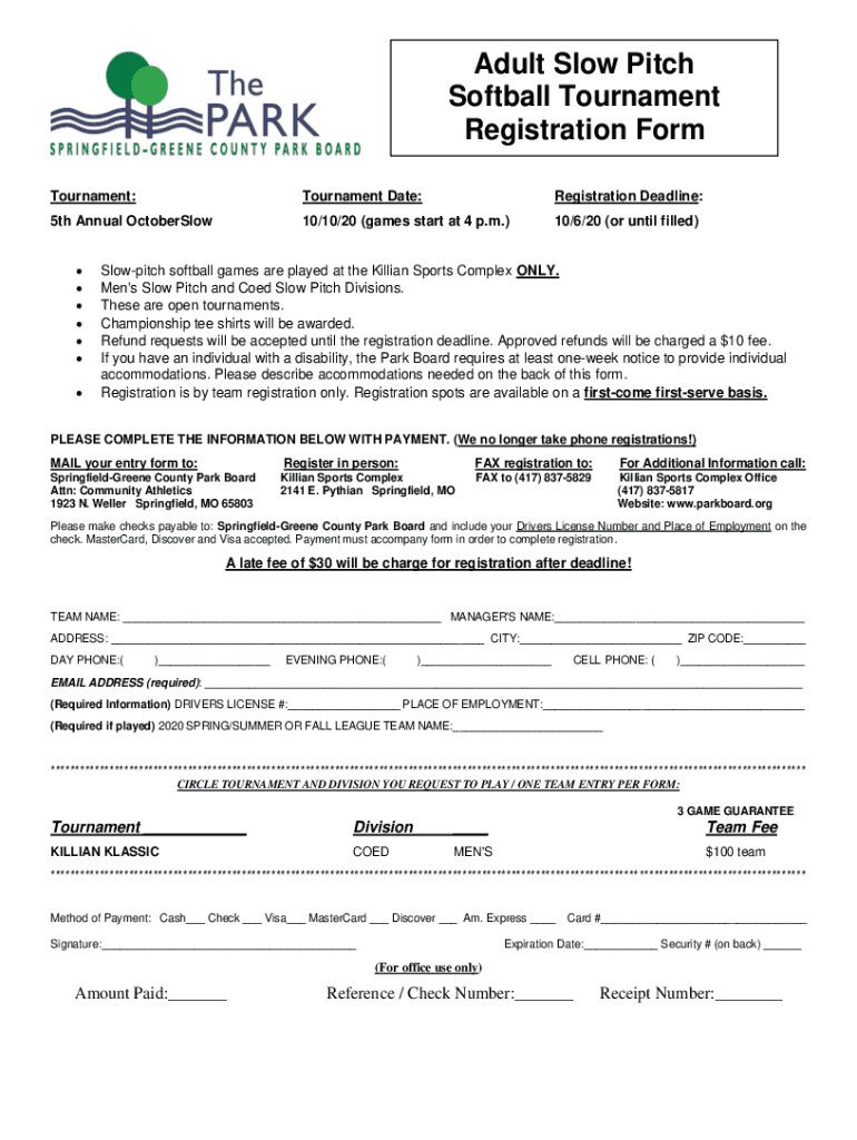 Fillable Online Adult Slow Pitch Softball Tournament Registration Form ...