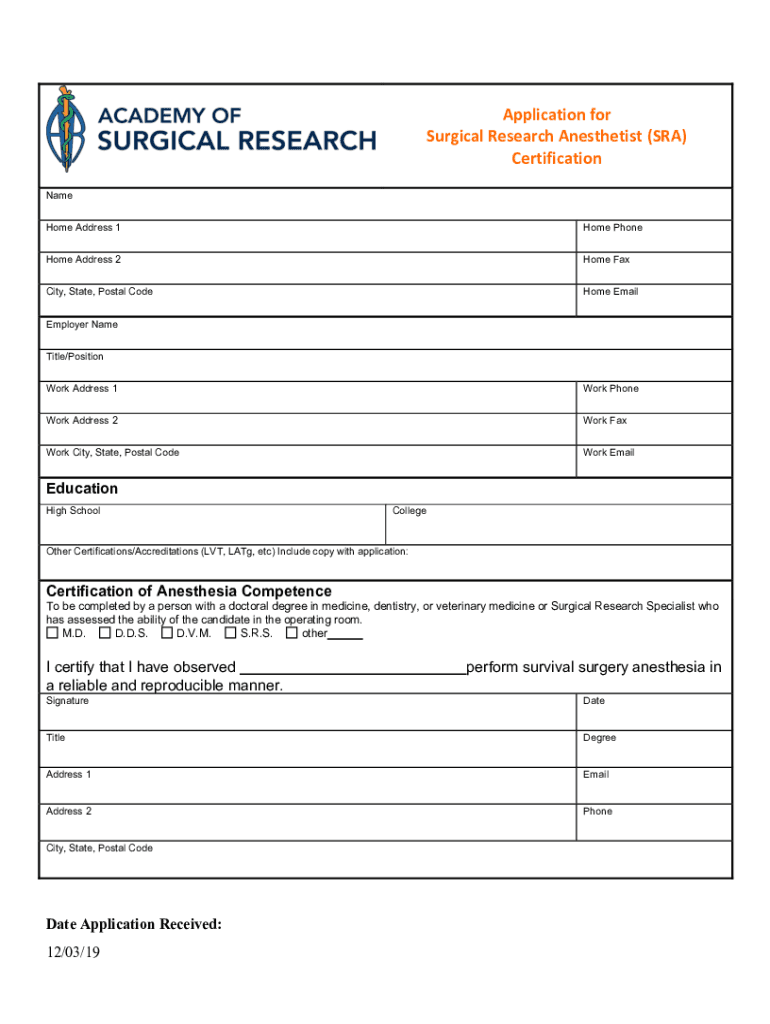 Fillable Online ASR Surgical Research Anesthetist (SRA) Application Fax ...