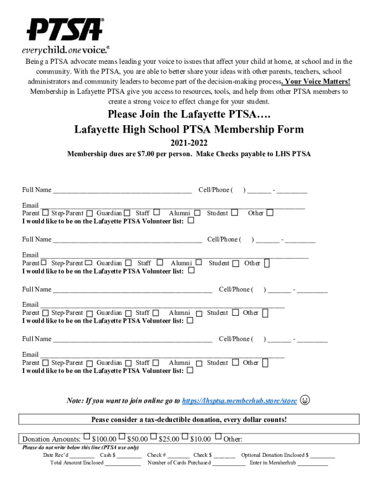 Fillable Online Lafayette High School PTSA Membership Form Fax Email ...