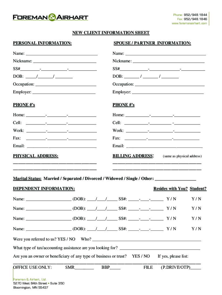 Fillable Online NEW CLIENT INFORMATION SHEET PERSONAL INFORMATION ...