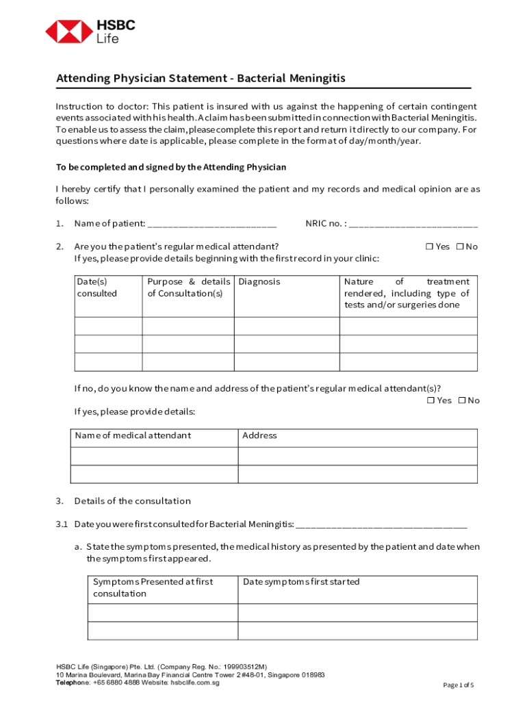 Fillable Online Attending Physician Statement - Bacterial Meningitis Fax Email Print - pdfFiller