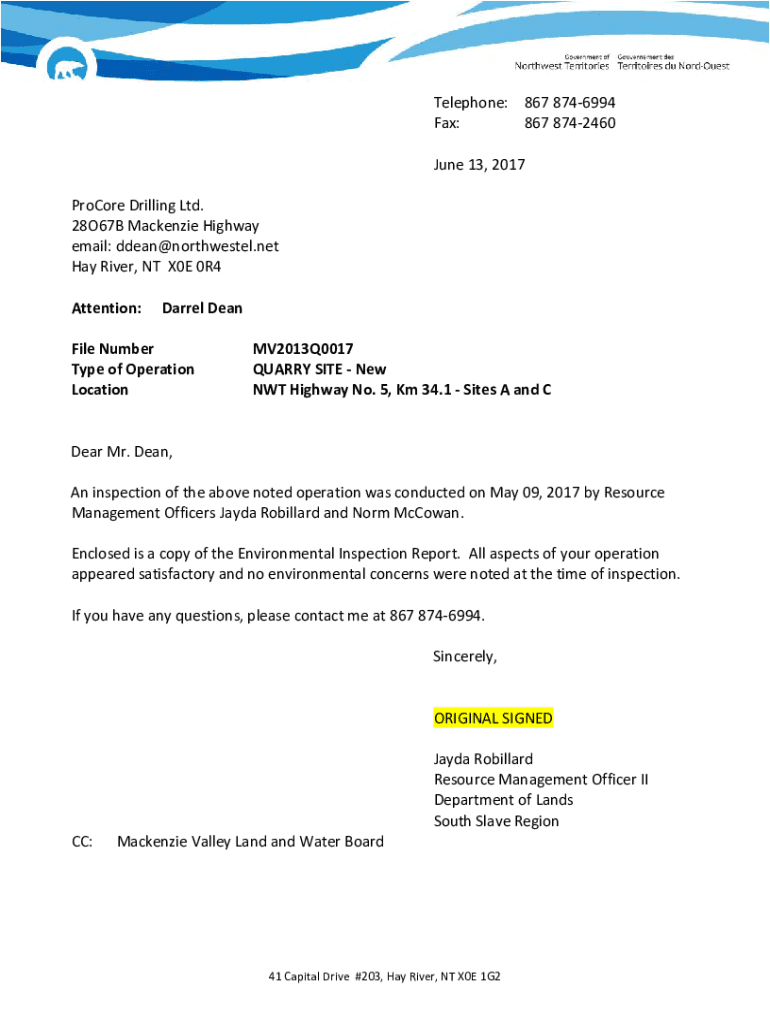 Fillable Online MV2013Q0017 - ProCore Drilling - Inspection Report for ...