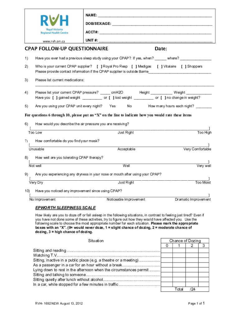 Fillable Online CPAP FOLLOW-UP QUESTIONNAIRE Date: Fax Email Print ...