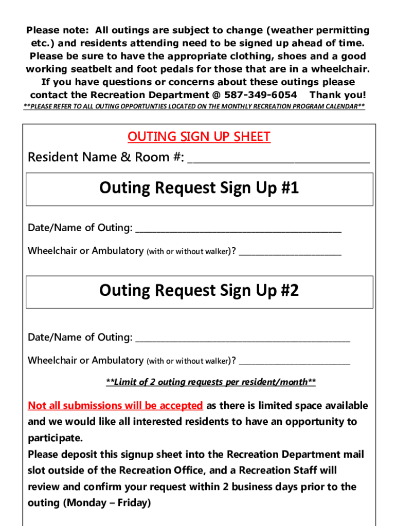 Fillable Online Outing Sign Up Sheet Fax Email Print - pdfFiller