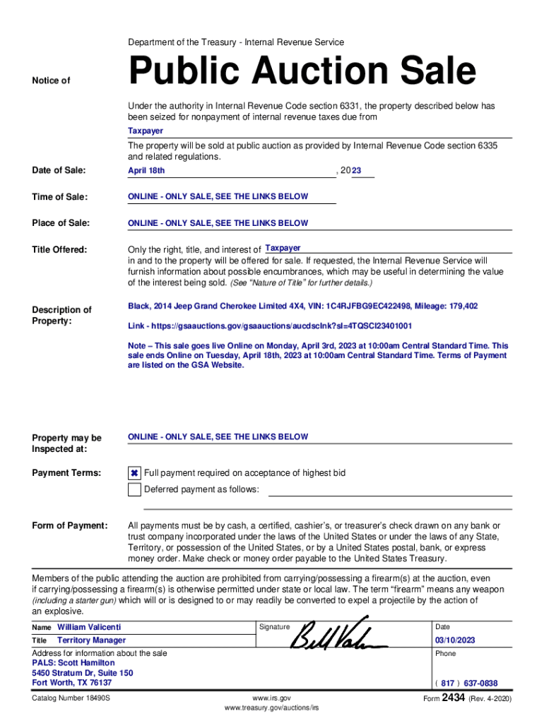 Fillable Online Form 2434 (Rev. 4-2020). Notice of Public Auction Sale ...