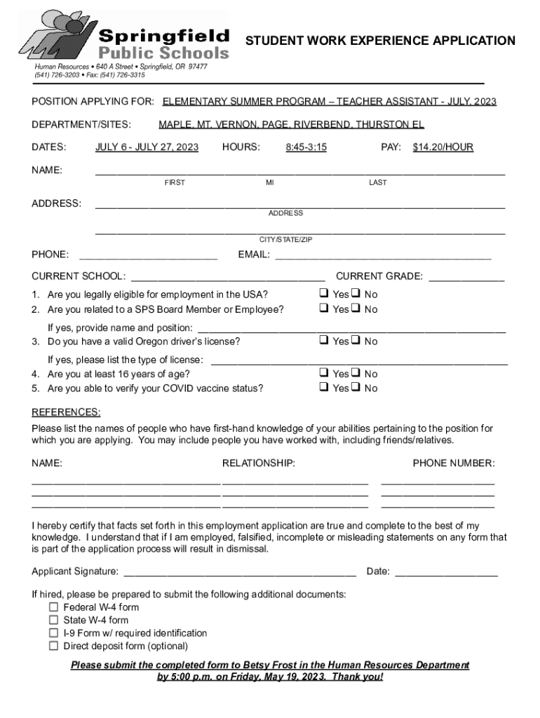 Fillable Online STUDENT WORK EXPERIENCE APPLICATION Fax Email Print ...