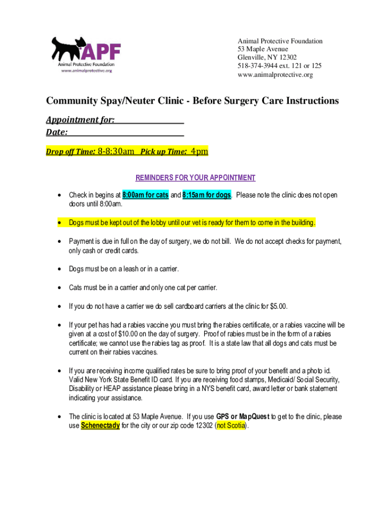 Fillable Online Community Spay/Neuter Clinic - Before Surgery Care ...