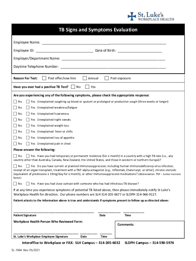 Fillable Online TB Signs and Symptoms Evaluation. Workplace Health Fax ...