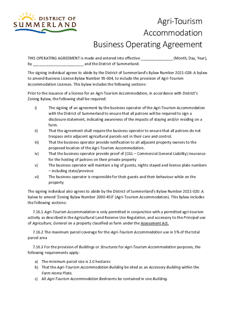 Fillable Online Agri-Tourism Accommodation Business Operating Agreement ...
