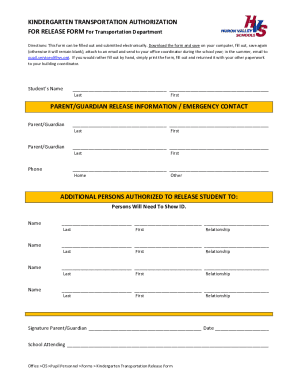 Fillable Online Kindergarten Transportation Release Form Fax Email ...