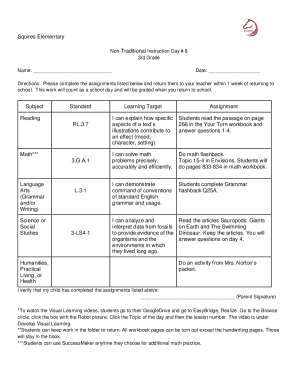 Fillable Online Squires Elementary Non-Traditional Instruction Day #11 ...
