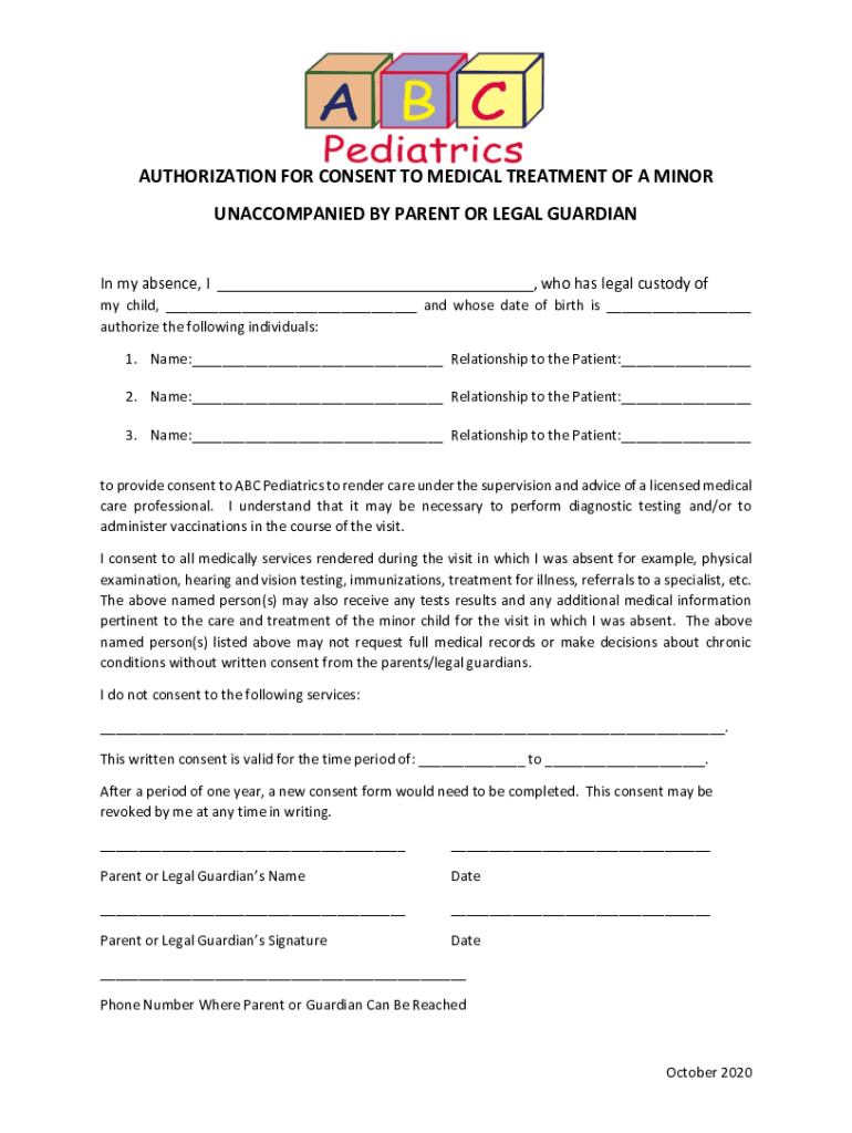 Fillable Online AUTHORIZATION FOR CONSENT TO MEDICAL TREATMENT OF A ... Fax Email Print - pdfFiller