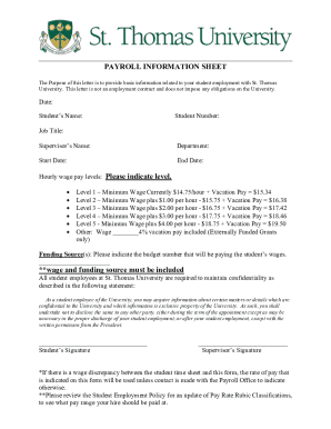 Fillable Online PAYROLL INFORMATION SHEET **wage and funding ... Fax ...
