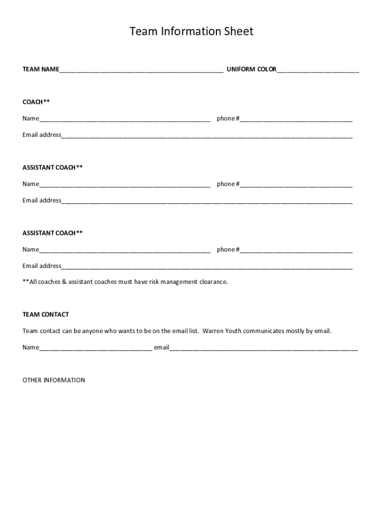 Fillable Online Team Information Sheet.docx Fax Email Print - pdfFiller