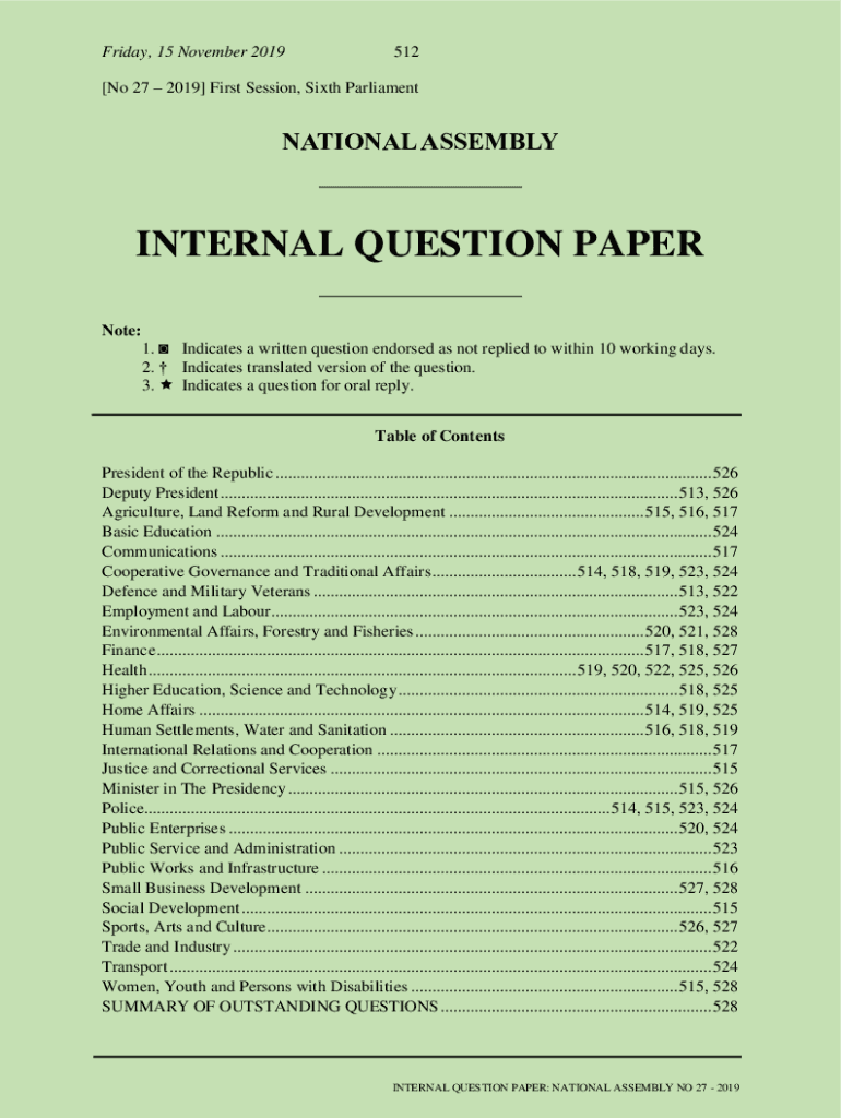 Fillable Online internal question paper: national assembly no 27 - 2019 ...