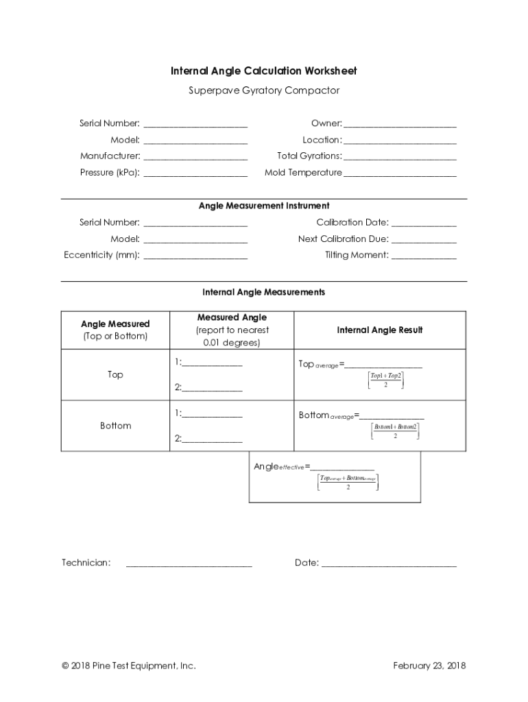 Fillable Online Internal Angle Calculation Worksheet Fax Email Print ...
