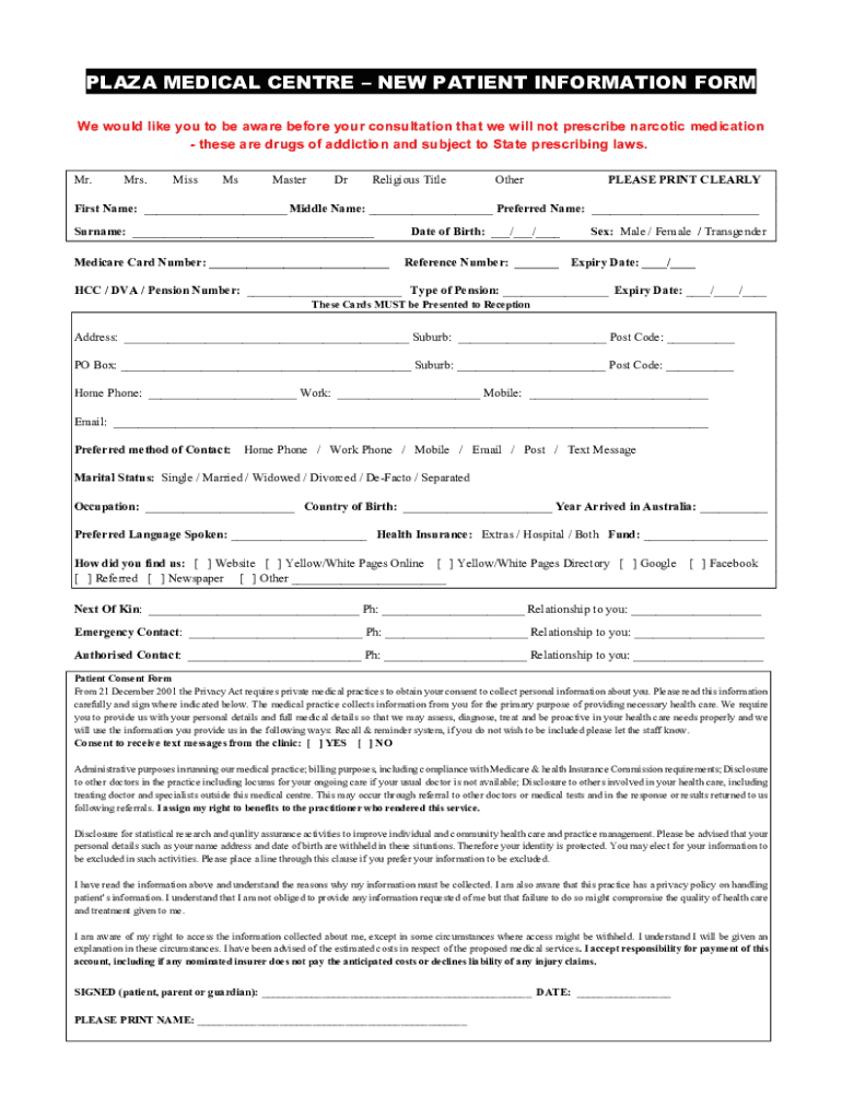 Fillable Online NEW PATIENT INFORMATION FORM - Plaza Medical Centre Fax Email Print - pdfFiller