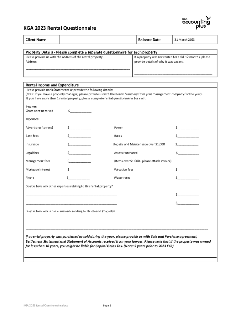 Fillable Online Rental Questionnaire Client Name: Tax Year: Fax Email ...