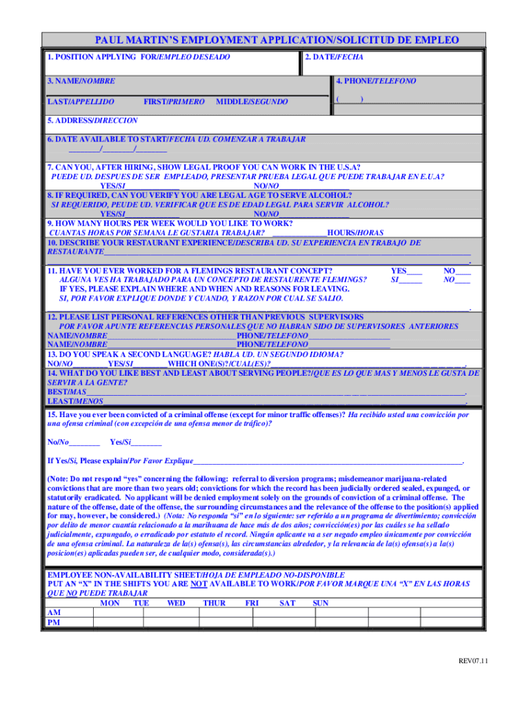 Completable En línea PAUL MARTIN'S EMPLOYMENT APPLICATION/SOLICITUD DE ...