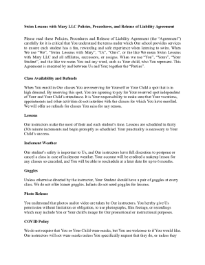Fillable Online Swim Lessons Agreement and Release of Liability Form ...