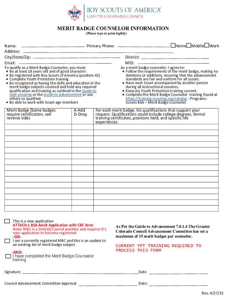 Fillable Online Boy Scouts of America - MERIT BADGE COUNSELOR INFORMATION Fax Email Print ...